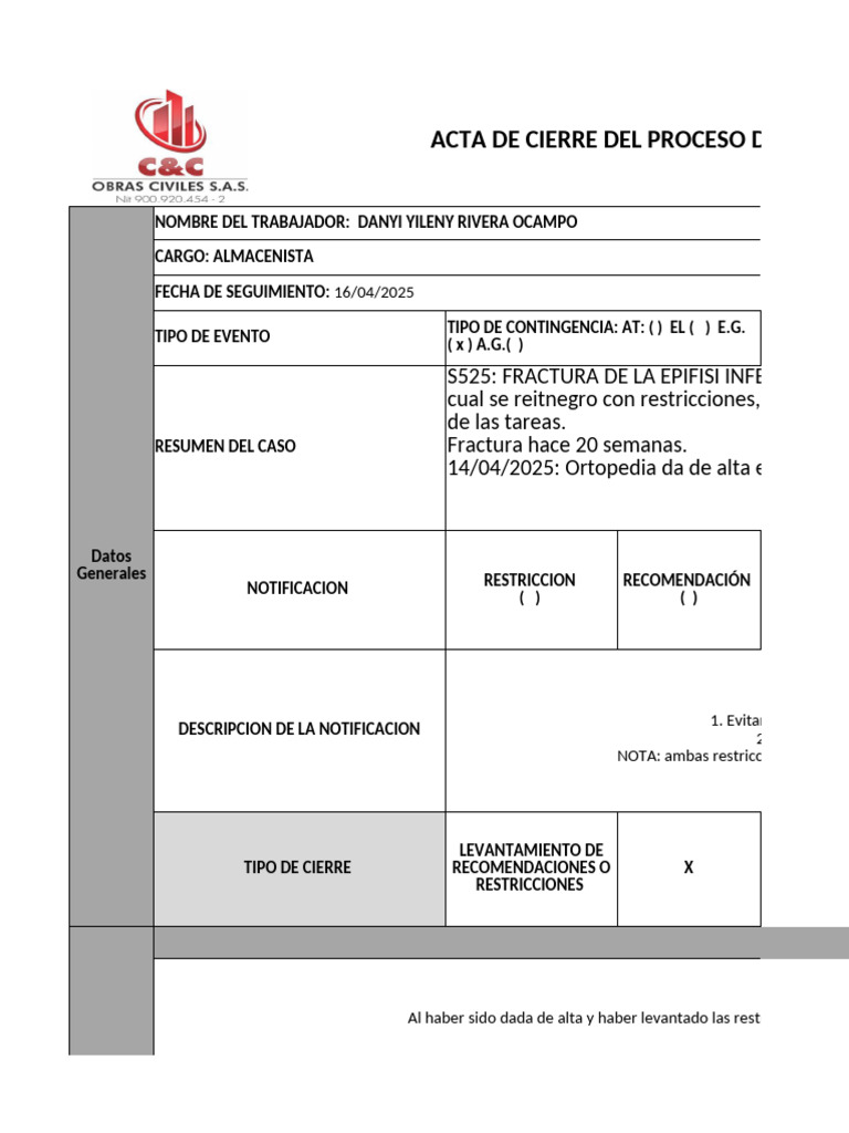 F-SG-SST-183 - Acta de Cierre Reincorporación Laboral DANYI YILENY RIVERA | PDF