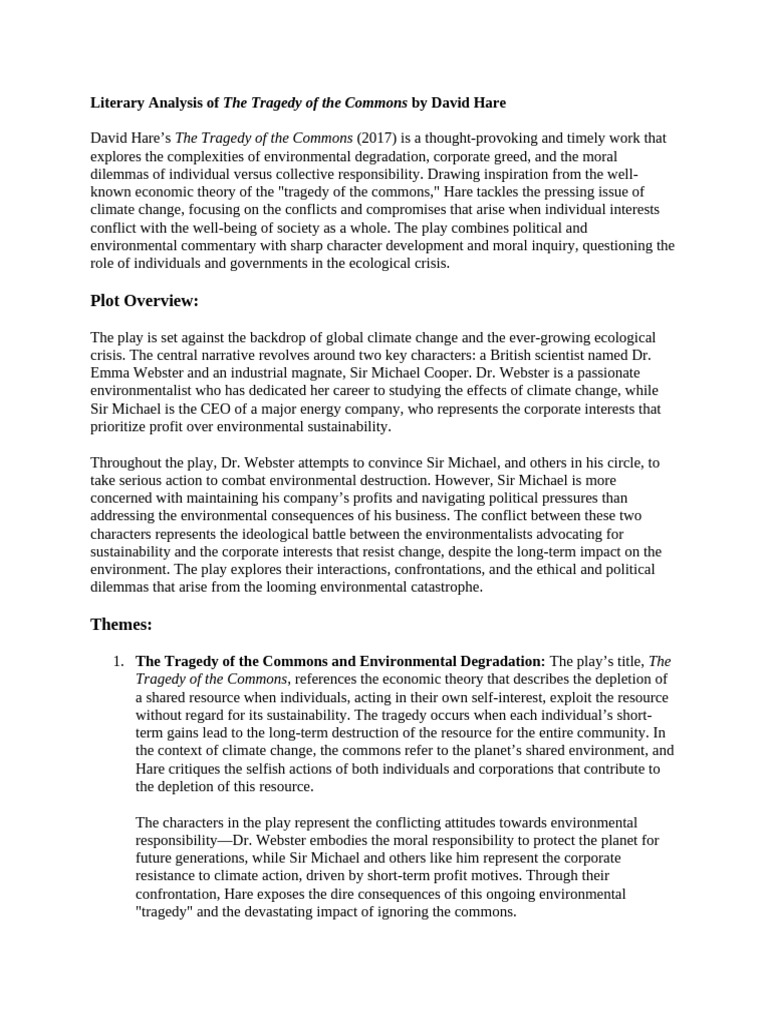 Literary Analysis of The Tragedy of The Commons by David Hare | PDF | Sustainability | Criticism ...
