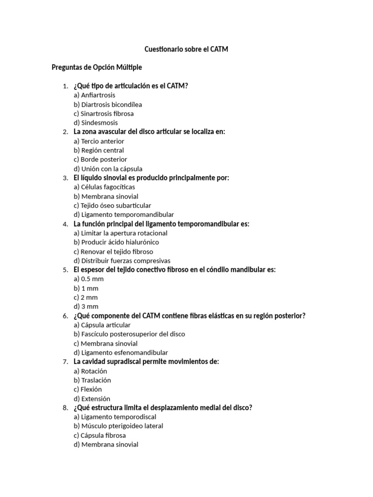 Cuestionario sobre el CATM: Preguntas Clave | PDF | Articulación ...
