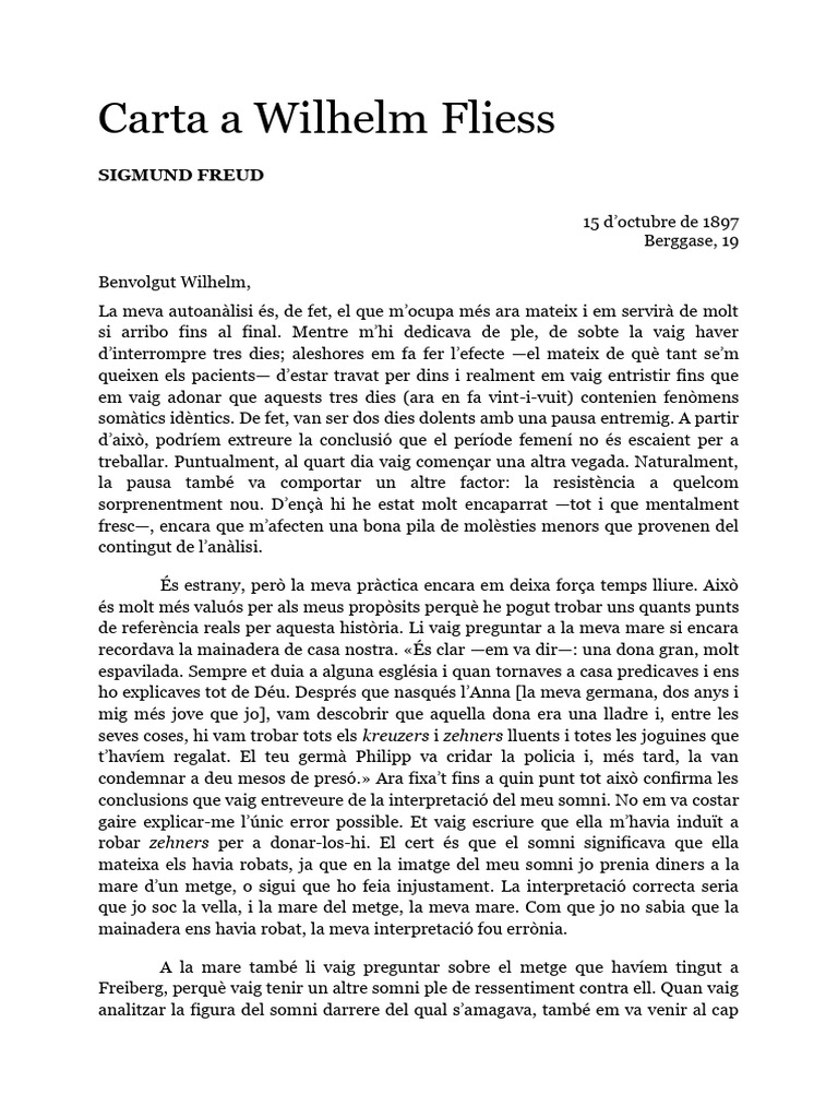 Carta a Wilhelm Fliess, Sigmund Freud | PDF
