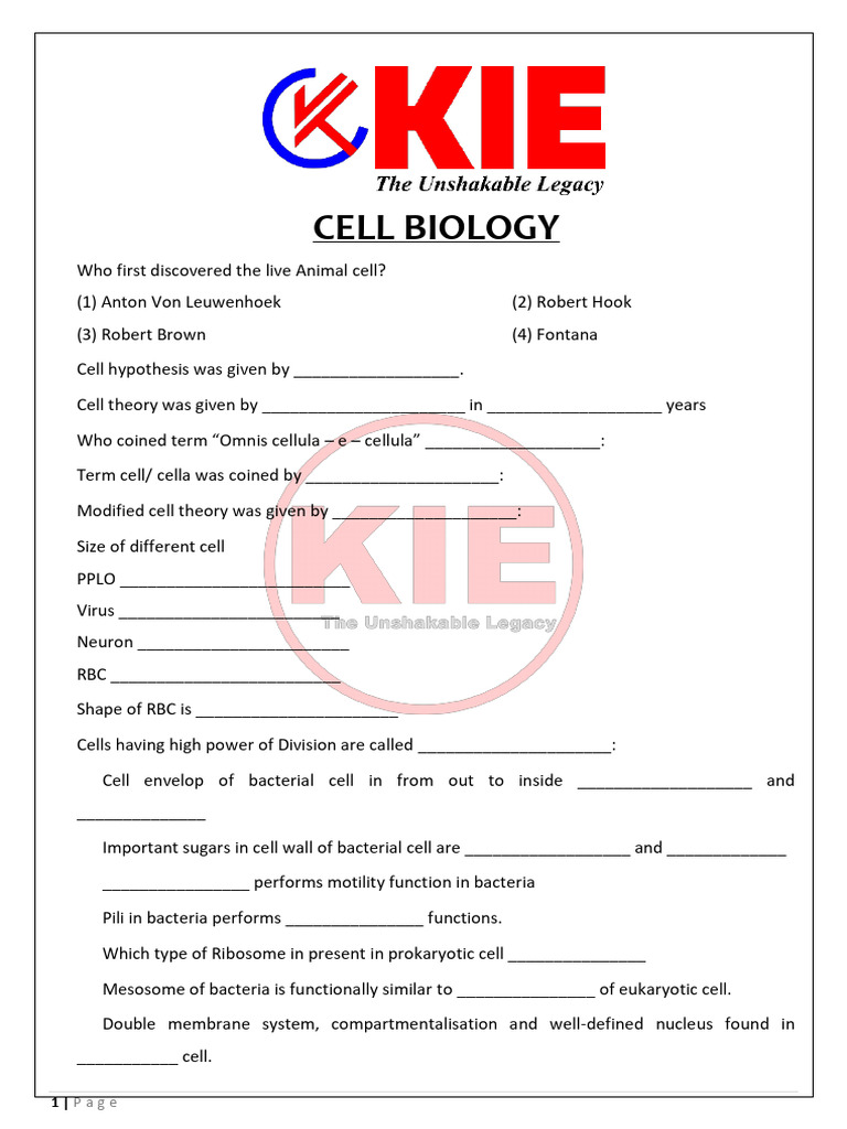 Cell Biology Class 11th DPP | PDF