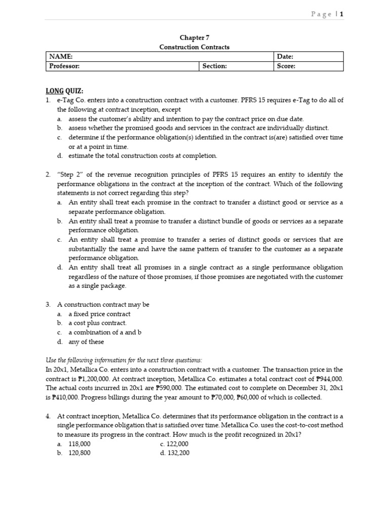 Construction Contracts Revenue Recognition Quiz | PDF | Cost | Profit (Economics)