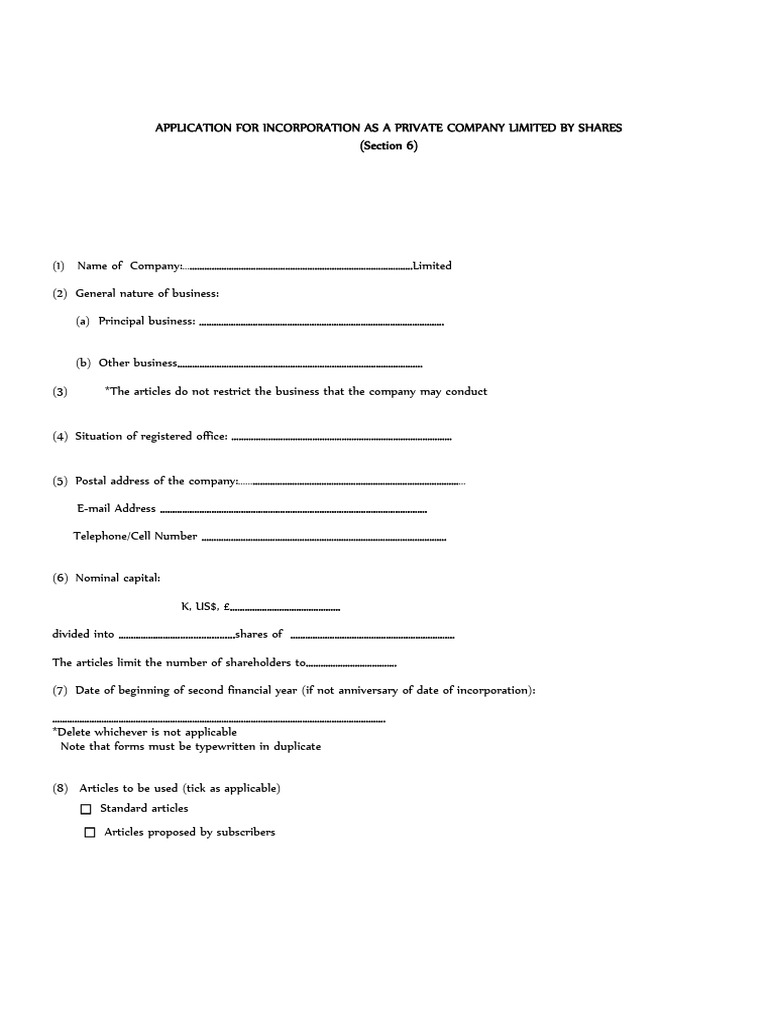 Application Form For Incorporation As A Private Company Limited by ...