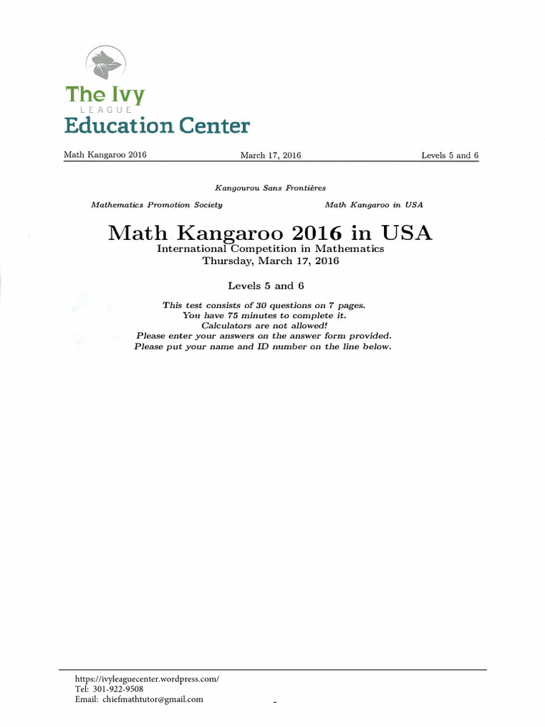 2016 Math Kangaroo Level 5 and 6 Questions | PDF | Mathematics | Elementary Geometry