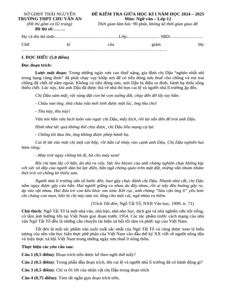 Đề GK 1 - Văn 12 Đức Anh (Tắt đèn - VCAP) | PDF