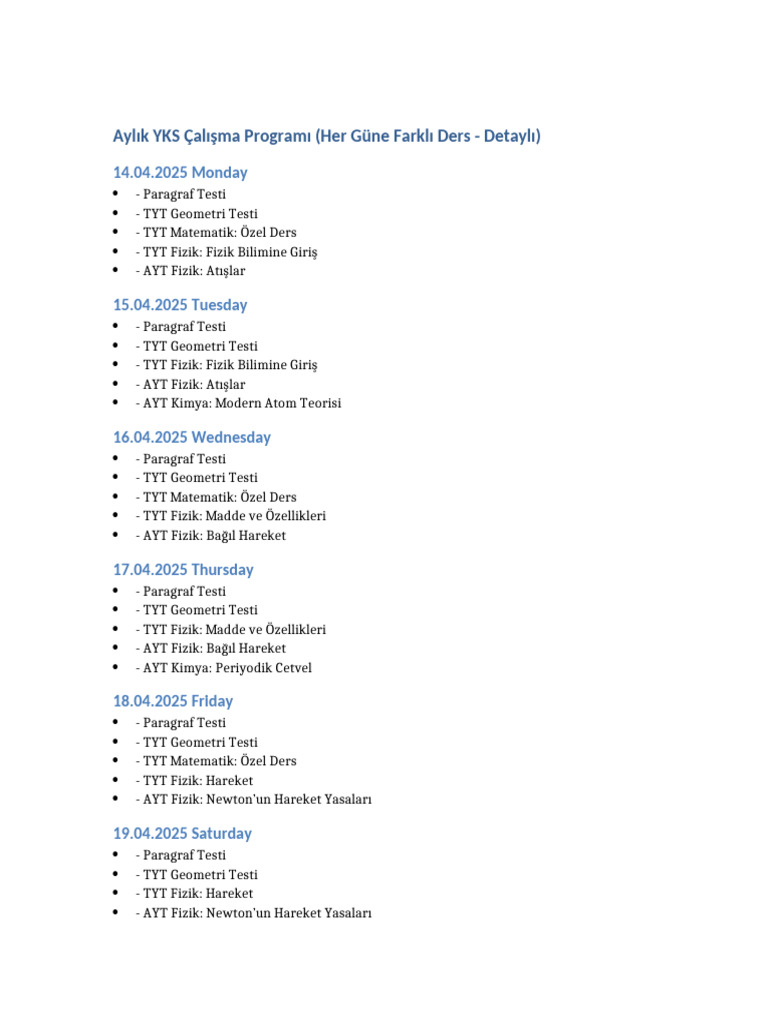 YKS Aylik Program Ebrar | PDF