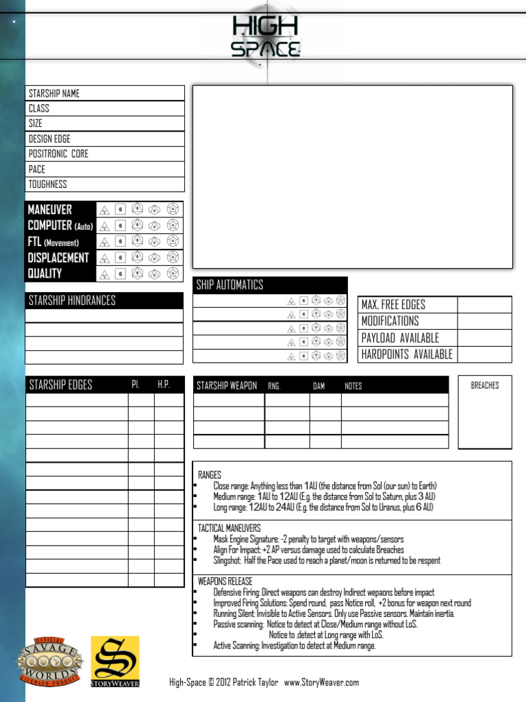 Savage Worlds - High Space - Starship Sheet | PDF | Outer Space | Physical Sciences