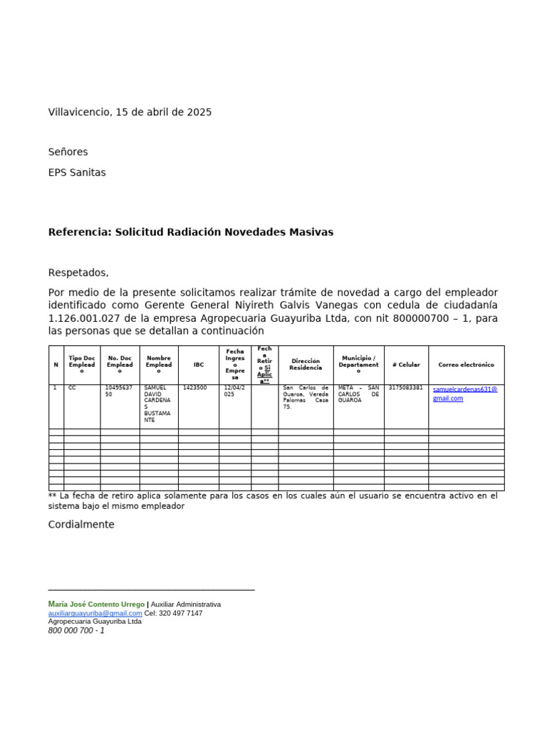 Proforma Proceso Novedades - Radicacion Plano Novedades - Sanitas - Eps ...