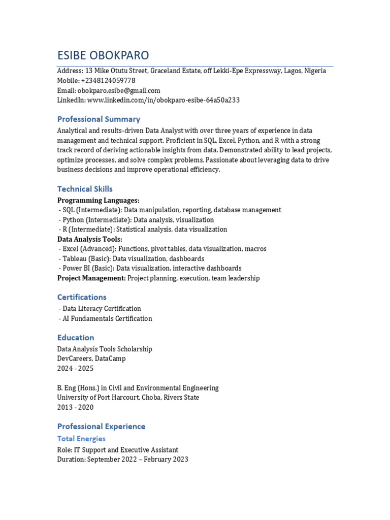 Esibe Obokparo Data Analyst Resume | PDF | Data | Microsoft Excel
