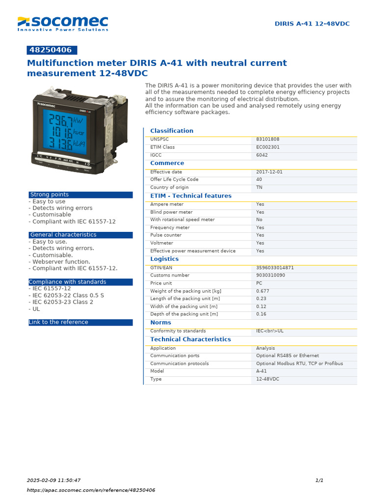 DIRIS A-41 Multifunction Meter Overview | PDF | Network Protocols ...