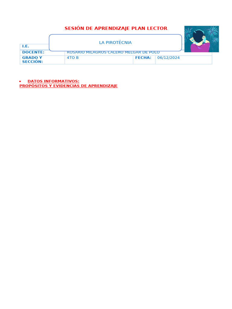 SESION PLAN LECTOR- LA PIROTECNIA | PDF | Aprendizaje | Infografia