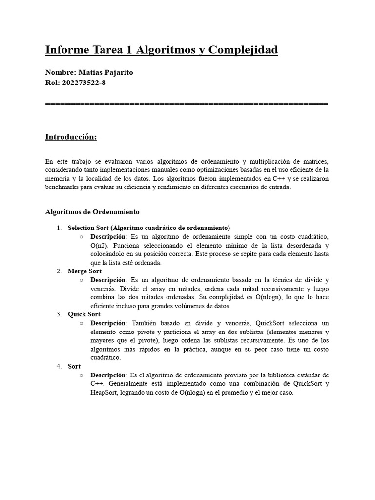 Informe Tarea 1 Algoritmos y Complejidad | PDF | Matriz (Matemáticas) | Algoritmos
