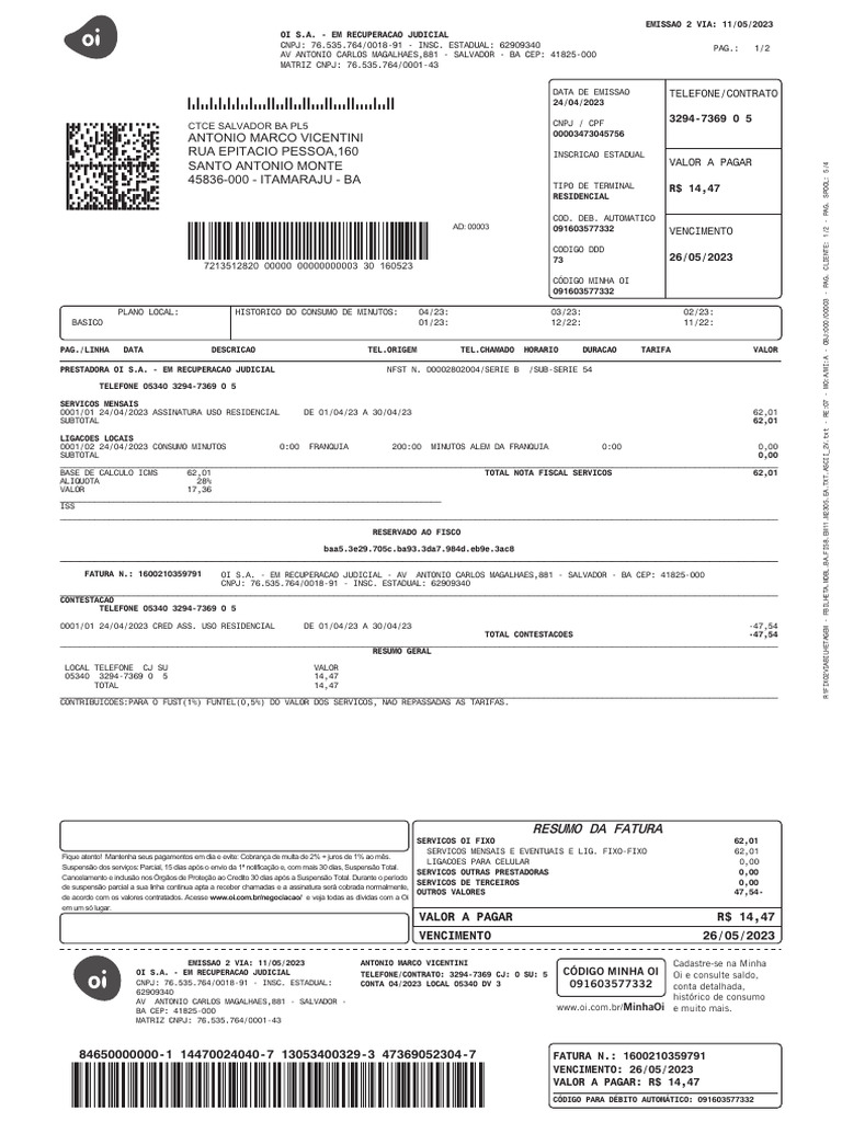 Fatura | PDF | Telecomunicações | Brasil