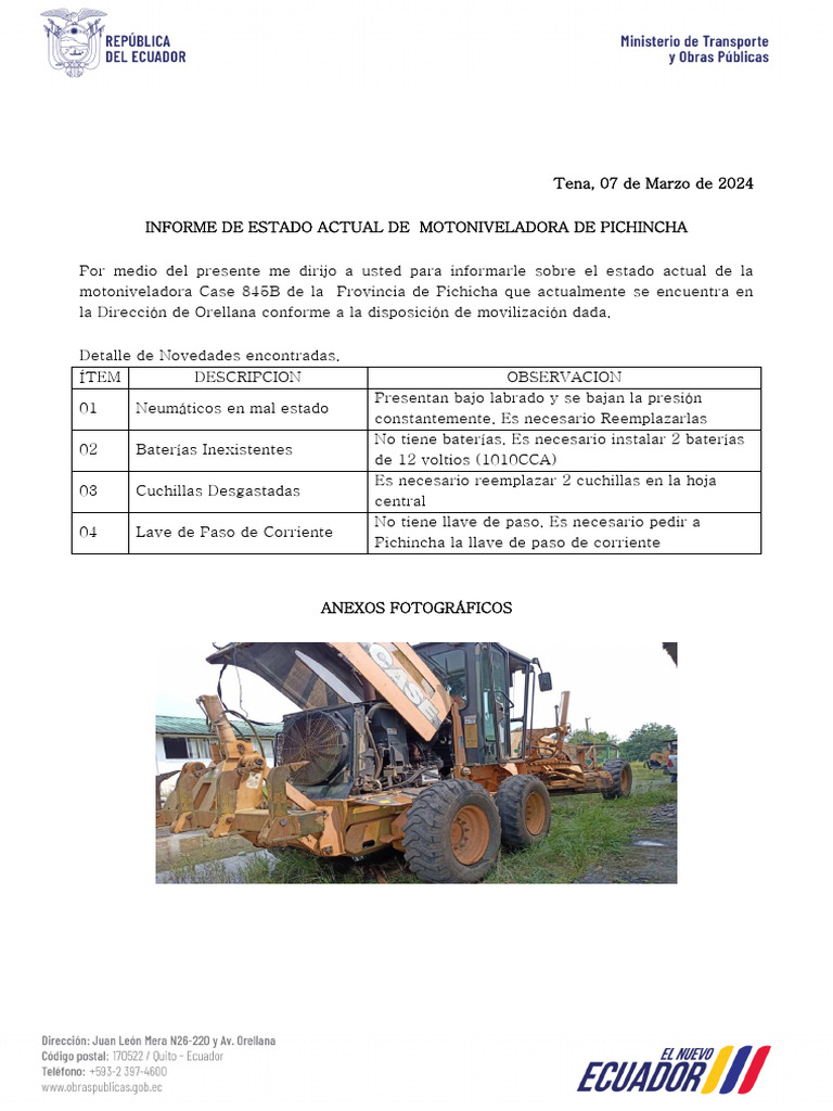 Informe Motoniveladora Case de Pichincha | PDF