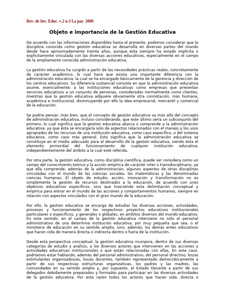 Objeto e Importancia de La Gestión Educativa | PDF | Institución | Enseñando