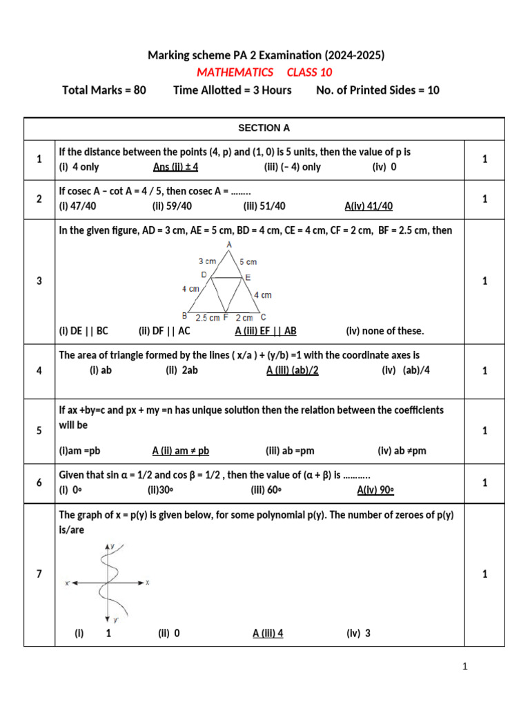 Class 10 Mathematics PA 2 Marking Scheme | PDF | Area | Circle
