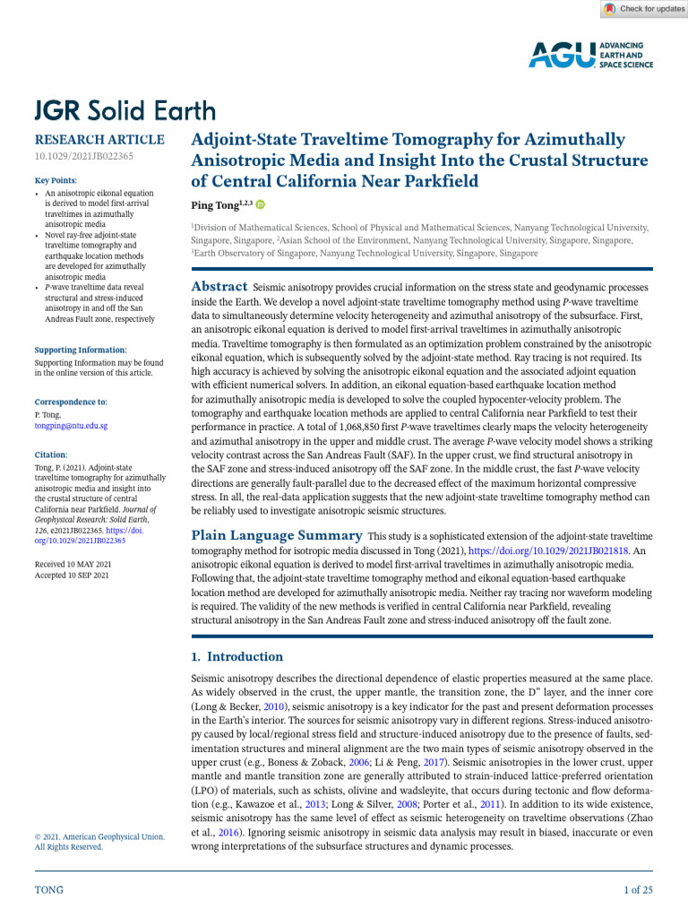JGR Solid Earth - 2021 - Tong - Adjoint State Traveltime Tomography For ...