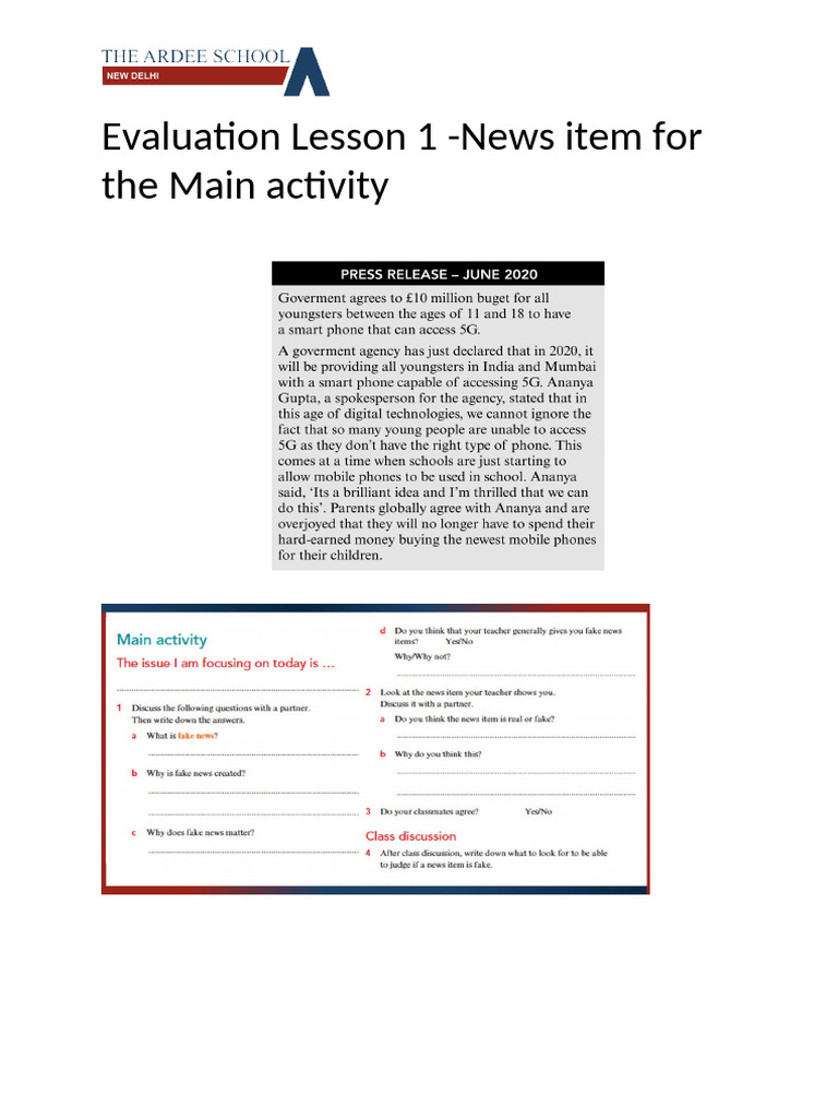 Evaluation Lesson 1: Main Activity News | PDF