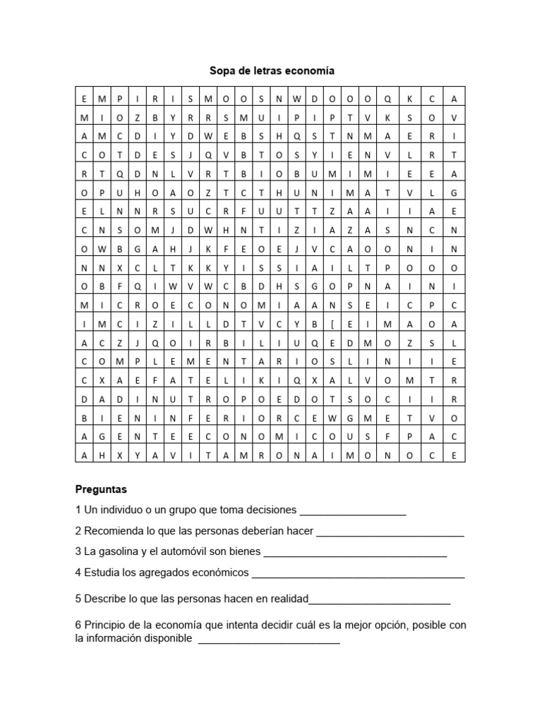 Sopa de Letras: Conceptos de Economía | PDF | Oferta y demanda | Oferta ...