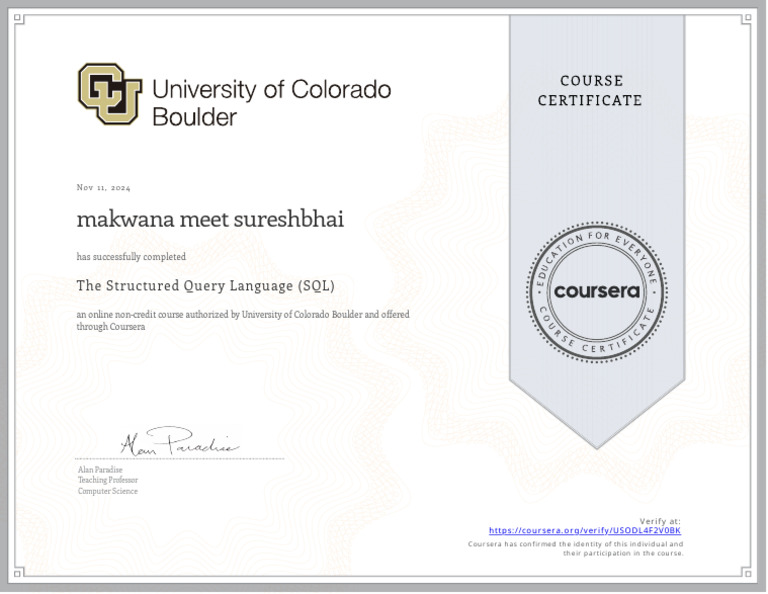 Advanced SQL Course Completion Certificate | PDF
