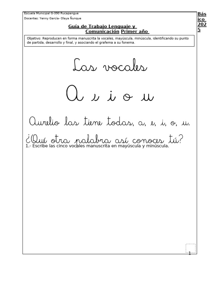 1° Básico Lenguaje Guía Las Vocales | PDF