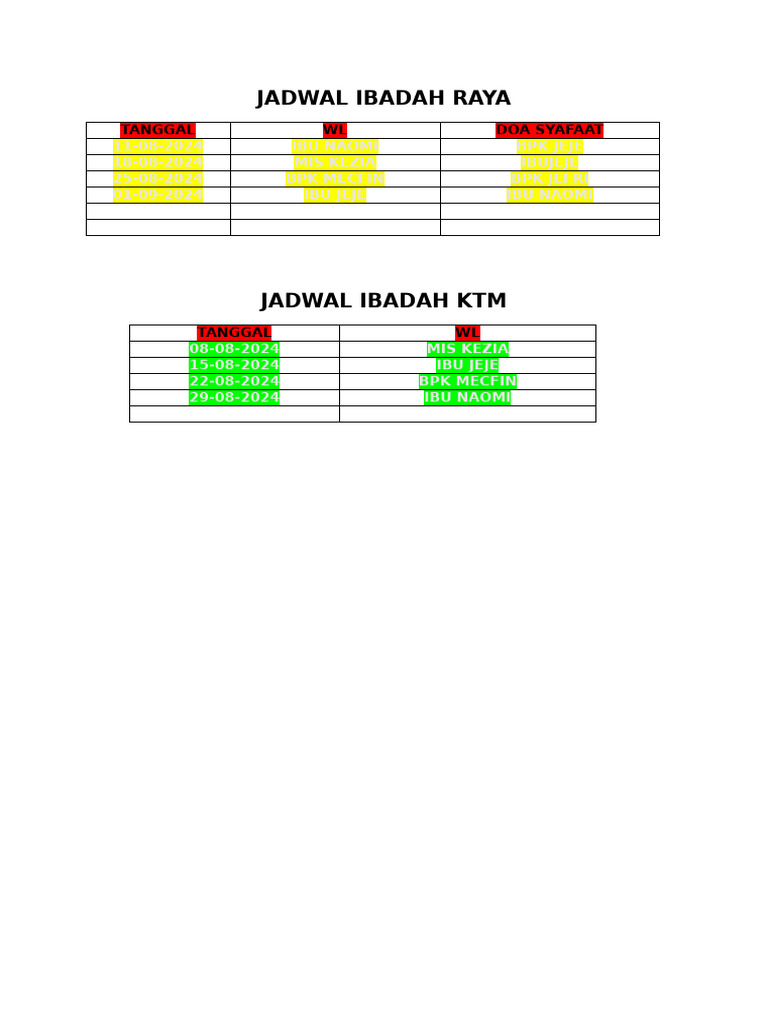 Jadwal Ibadah Raya dan KTM Agustus 2024 | PDF