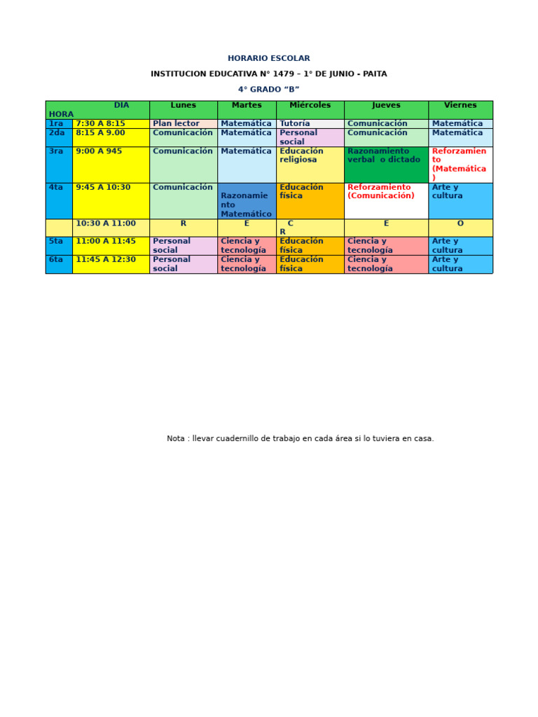 Horario Escolar - 1479 Paita-1 | PDF