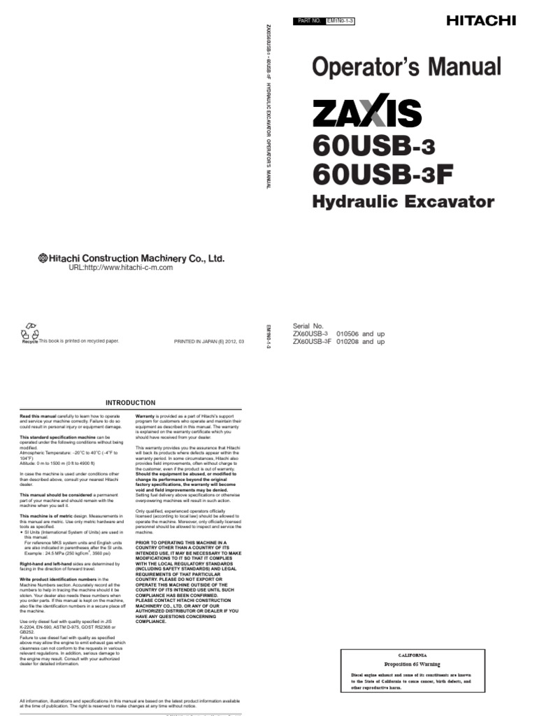 Hitachi 6T Excavator Operators Manual o | PDF | Safety | Personal ...