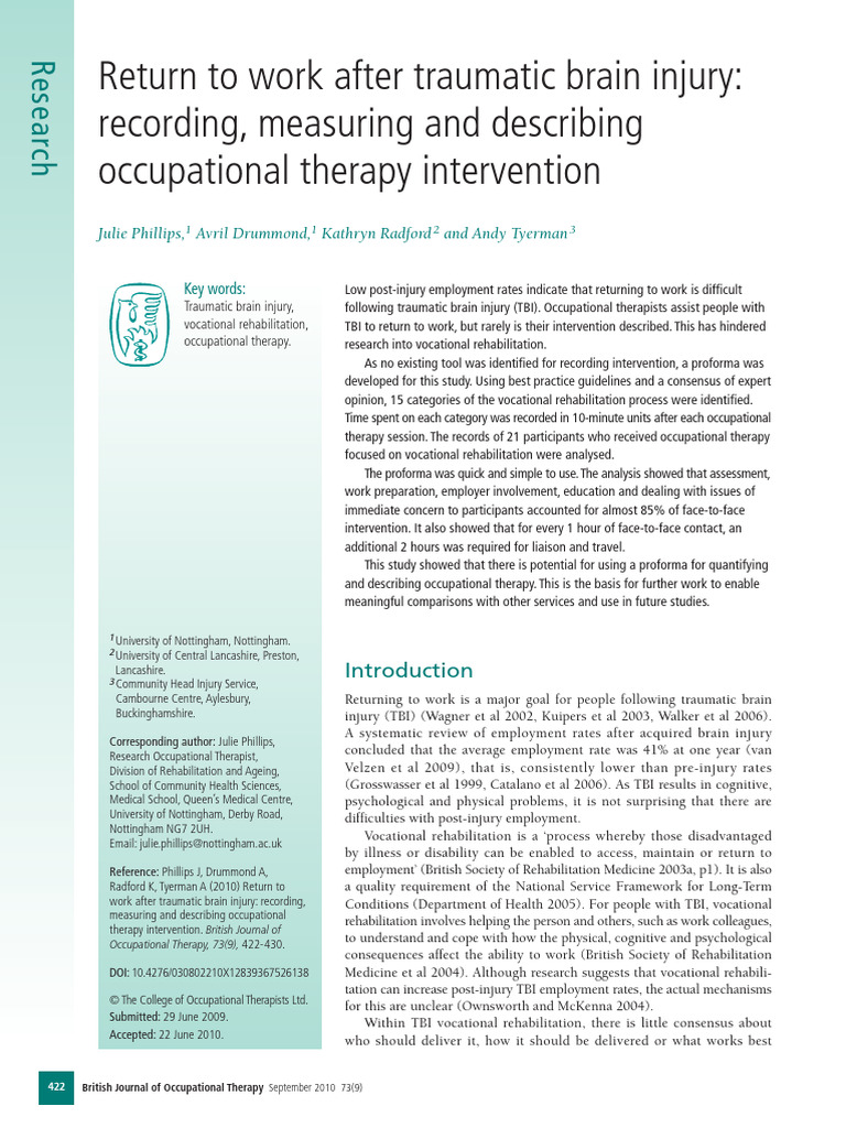 Return To Work After Traumatic Brain Injury - Recording, Measuring and ...