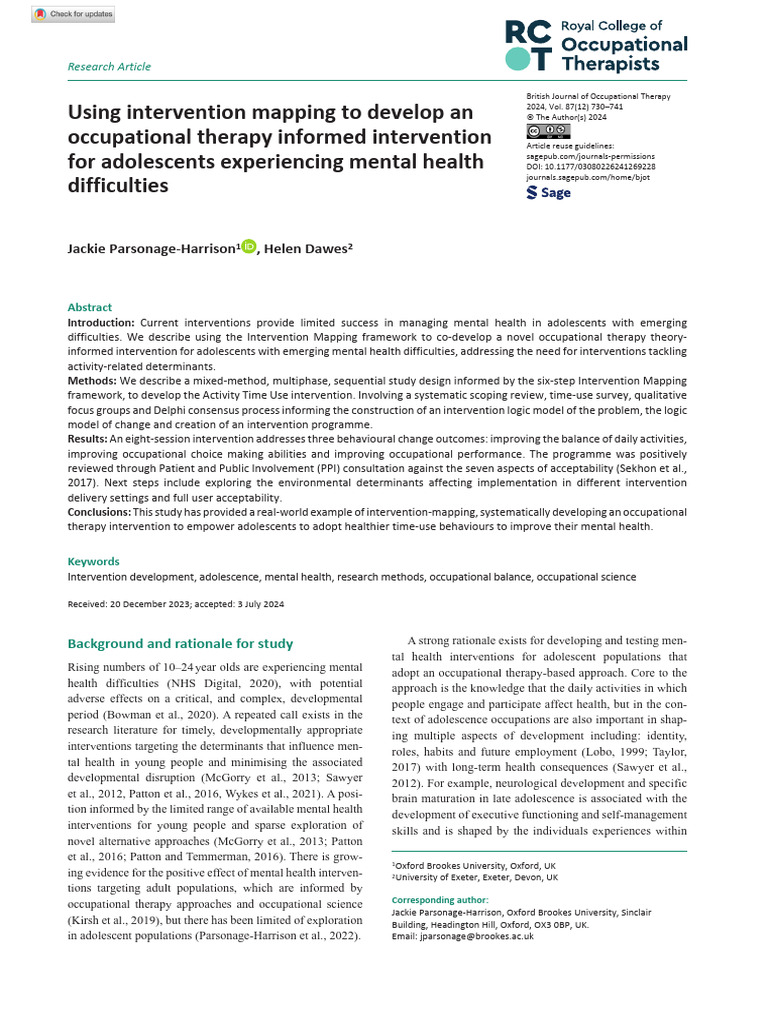 Parsonage Harrison Dawes 2024 Using Intervention Mapping To Develop An Occupational Therapy ...