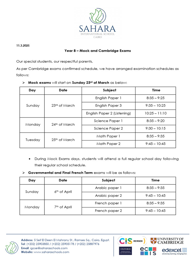 Y8 Letter - Mock Cambridge Exams - Parents Students 2024-2025f267G | PDF
