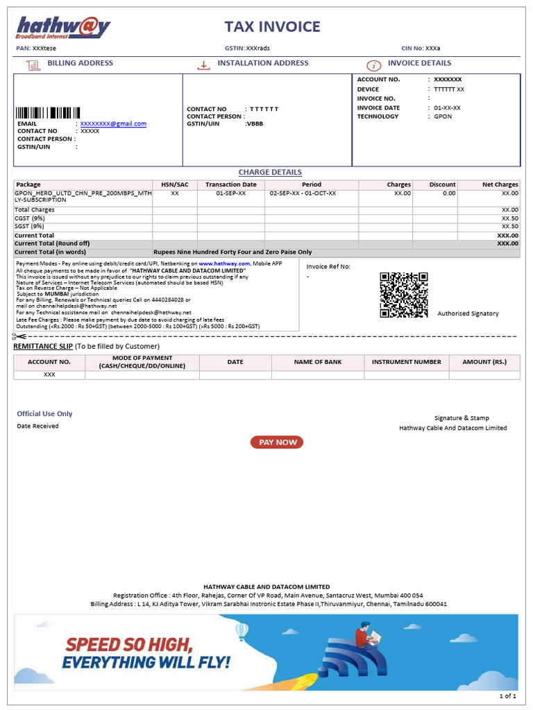 Detailed Tax Invoice for GPON Services | PDF | Payments | Cheque