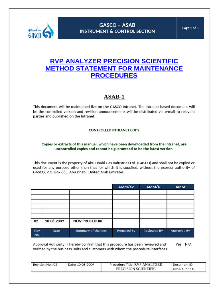 RVP Analyzer Maintenance Procedure | PDF | Valve | Calibration