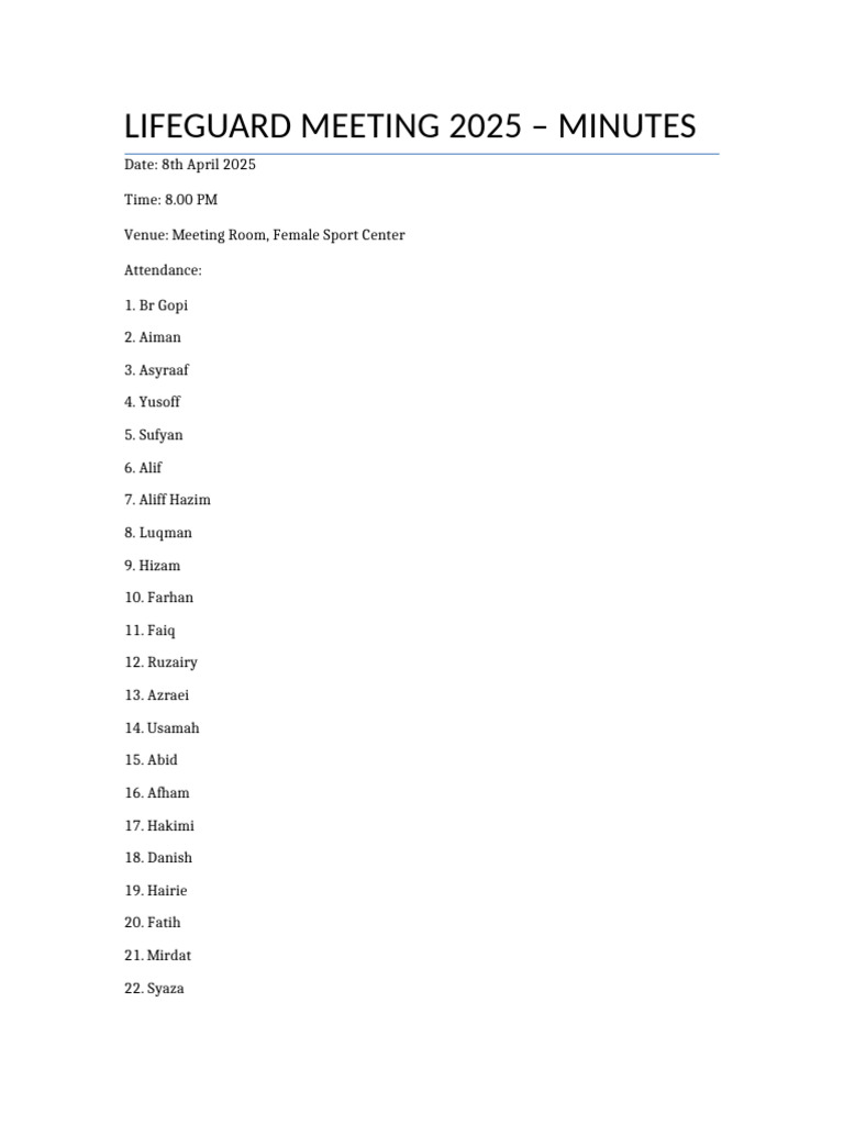 Lifeguard Meeting Minutes 2025 With Agenda | PDF | Swimming