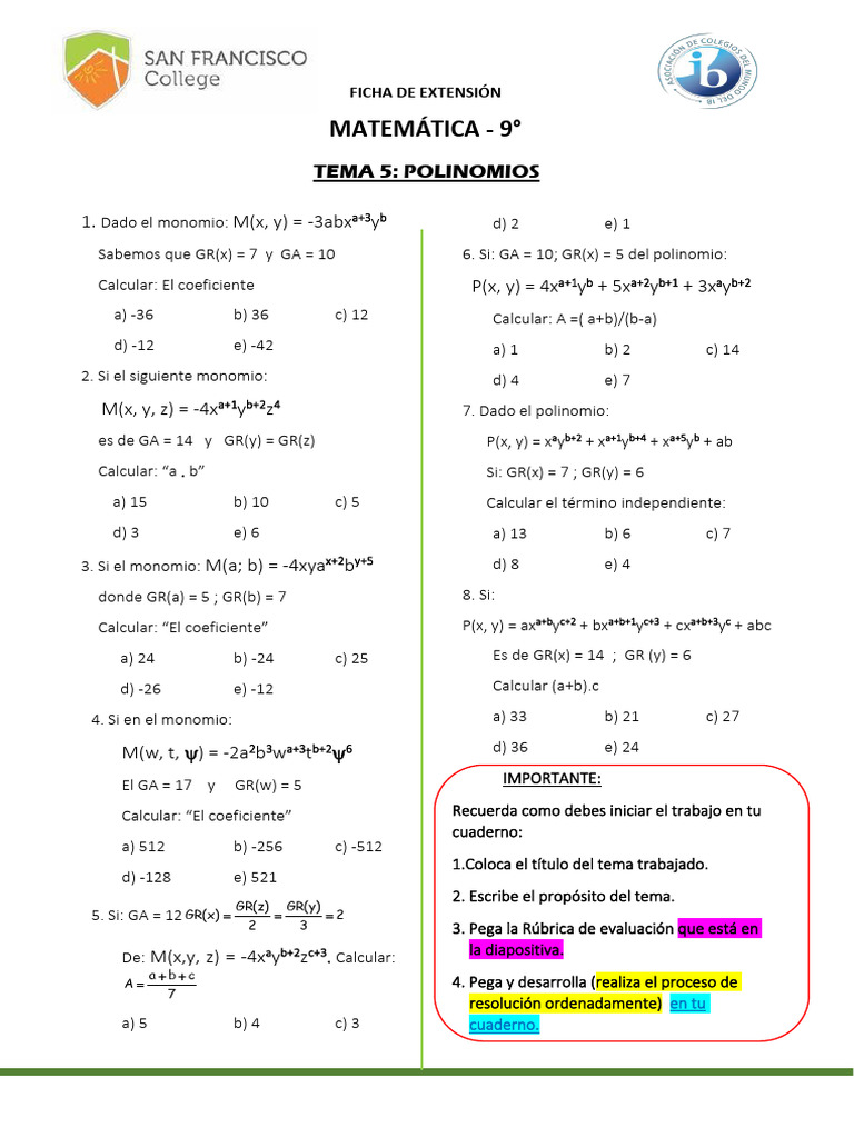 Tema 5 - Ficha de Extensión - 9° | PDF | Álgebra | Álgebra abstracta