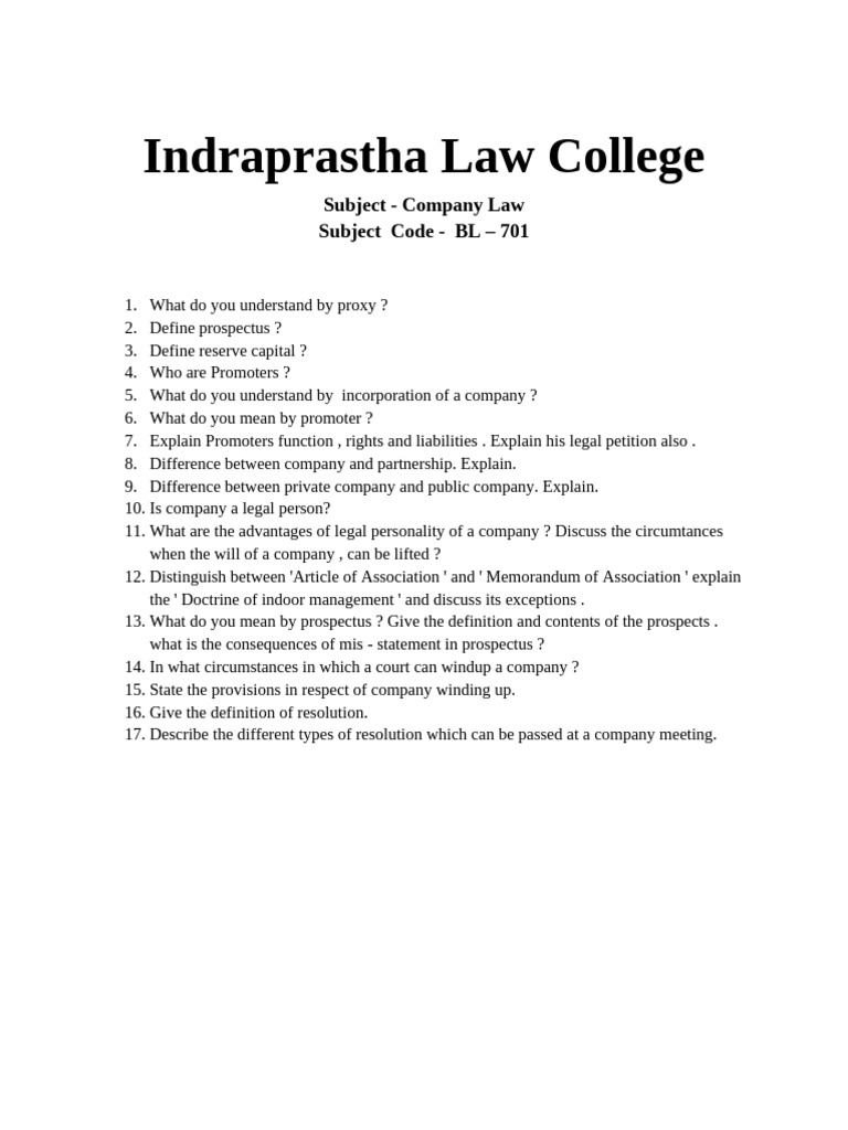 Company Law Question Paper | PDF