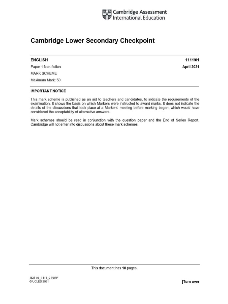 April 2021 CAIE P1 English Language Mark Scheme | PDF