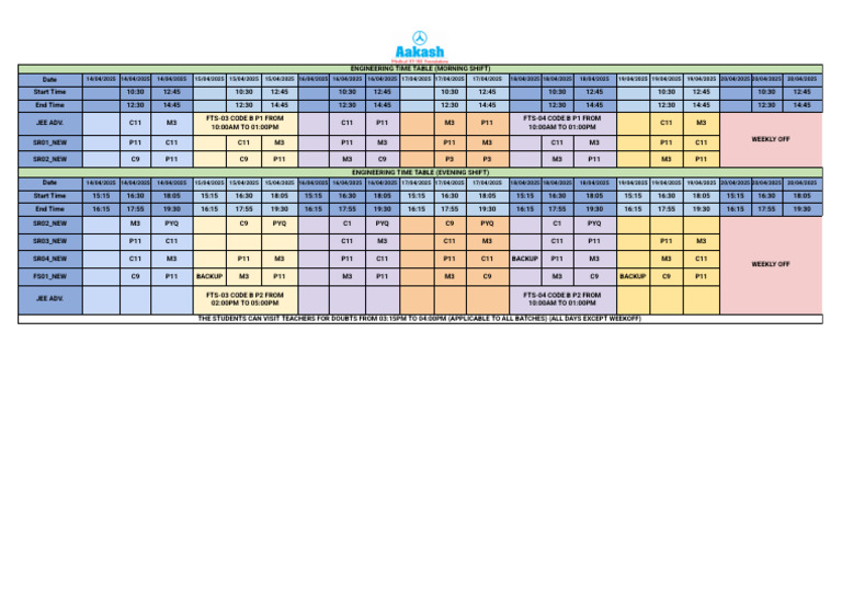 Engineering_Time Table_14.04.2025 to 20.04.2025 | PDF