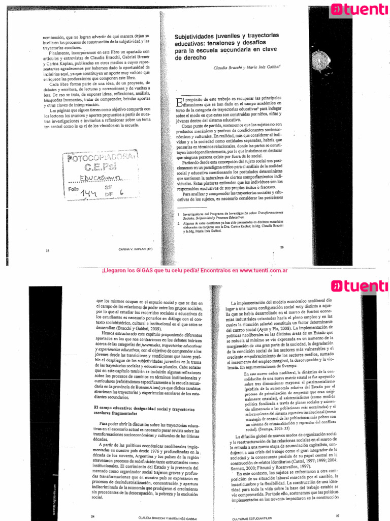 BRACCHI y GABBAI. Subjetividades Juveniles y Trayectorias Educativas | PDF