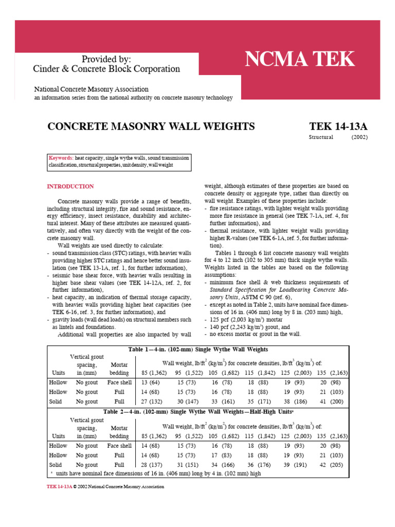 Concrete Masonry Wall Weights Guide | PDF | Masonry | Concrete