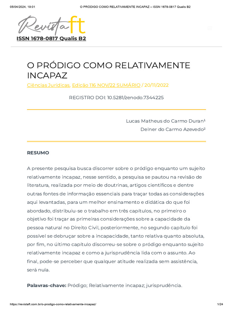 Pródigo: Análise da Incapacidade Jurídica | PDF | Justiça | Crime e ...