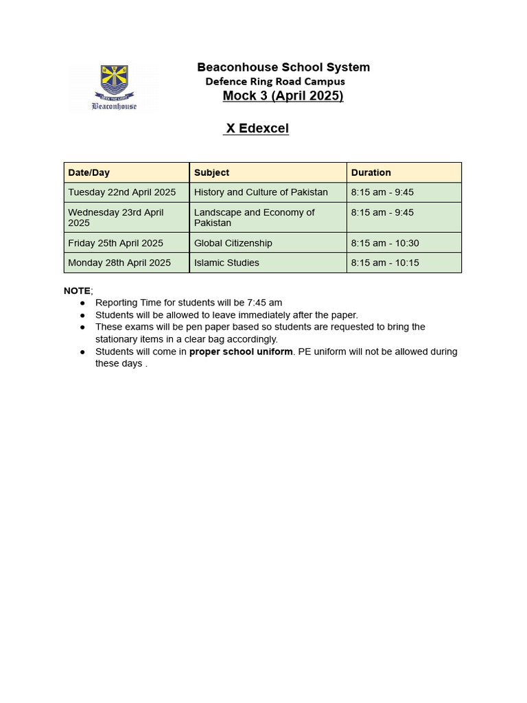 Revisd Mock 3 Exam Schedule 10 Edexcel | PDF