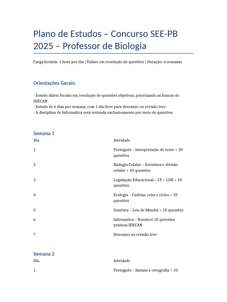 Plano Estudos Biologia SEE-PB 2025 | PDF | Biologia | Genética