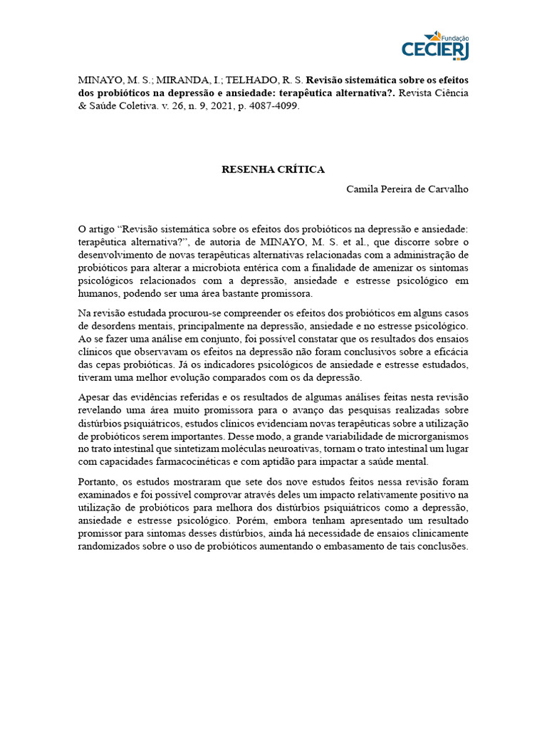 Efeitos dos Probióticos na Ansiedade e Depressão | PDF