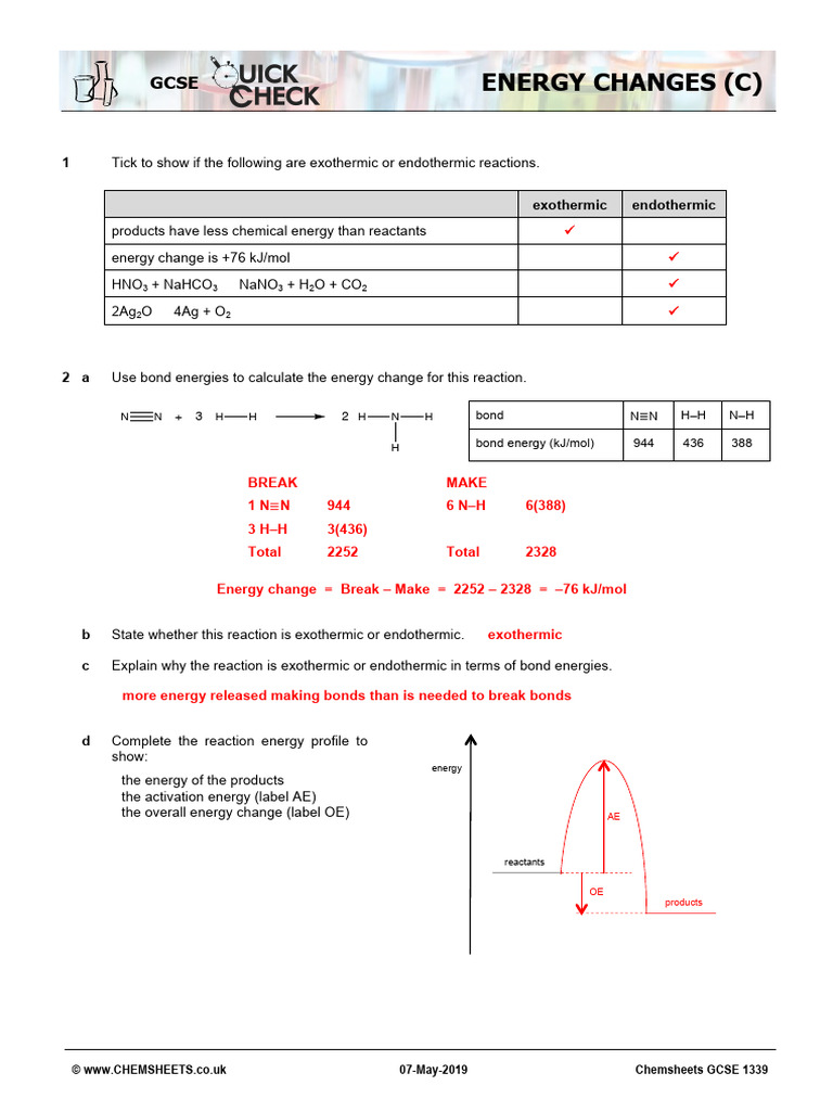 Energy Changes in Reactions Worksheet | PDF