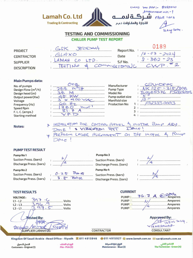 Grundfos Chilled Water Pump-2 Commissioning Report | PDF
