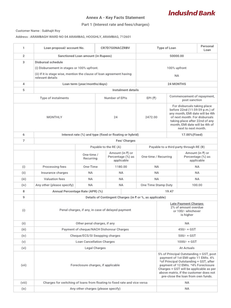 Personal Loan Key Facts Statement | PDF | Loans | Interest