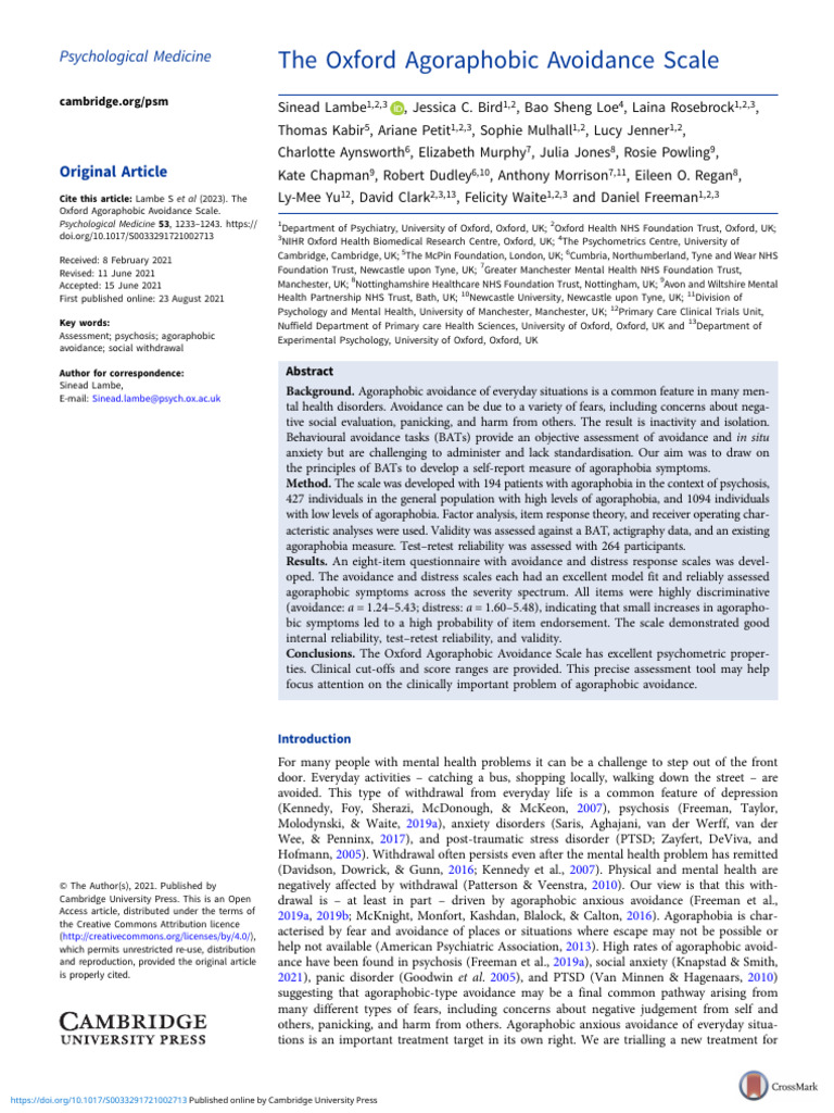 the-oxford-agoraphobic-avoidance-scale | PDF | Agoraphobia | Abnormal ...