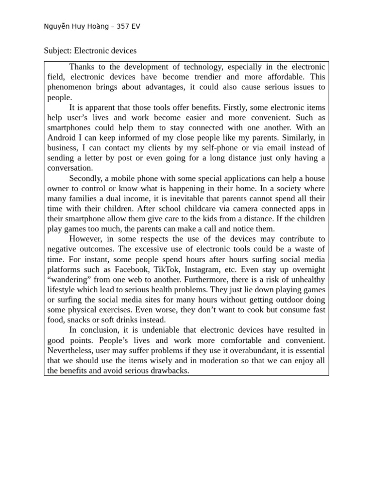 Nguyen Huy Hoang - Writing Homework 357 Ev - Electronic Devices | PDF