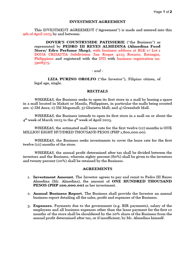 DCP Investment Agreement 2025 LPO v2 | PDF | Government Finances | Taxes